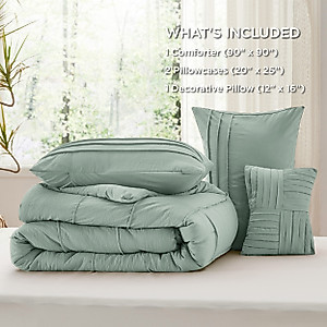 Bedsure Queen Comforter Set - 4 Pieces Pinch Pleat Bed Set, Sage Green Boho Bedding for All Season, 1 Soft Comforter, 2 Pillowcases, 1 Decorative Pillow