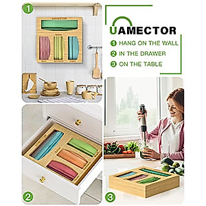 Uamector Bamboo Ziplock Bag Organizer for Drawer, Food Bags Dispenser Plastic Bags Holder for Kitchen, Hanging Baggie Container for Gallon Quart Sandwich or Snack Bag Trash Bags