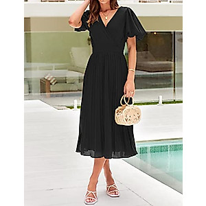 MEROKEETY Womens 2023 Summer Puff Sleeve Wrap V Neck Pleated Flowy Midi Dress for Wedding Guest,Black,M