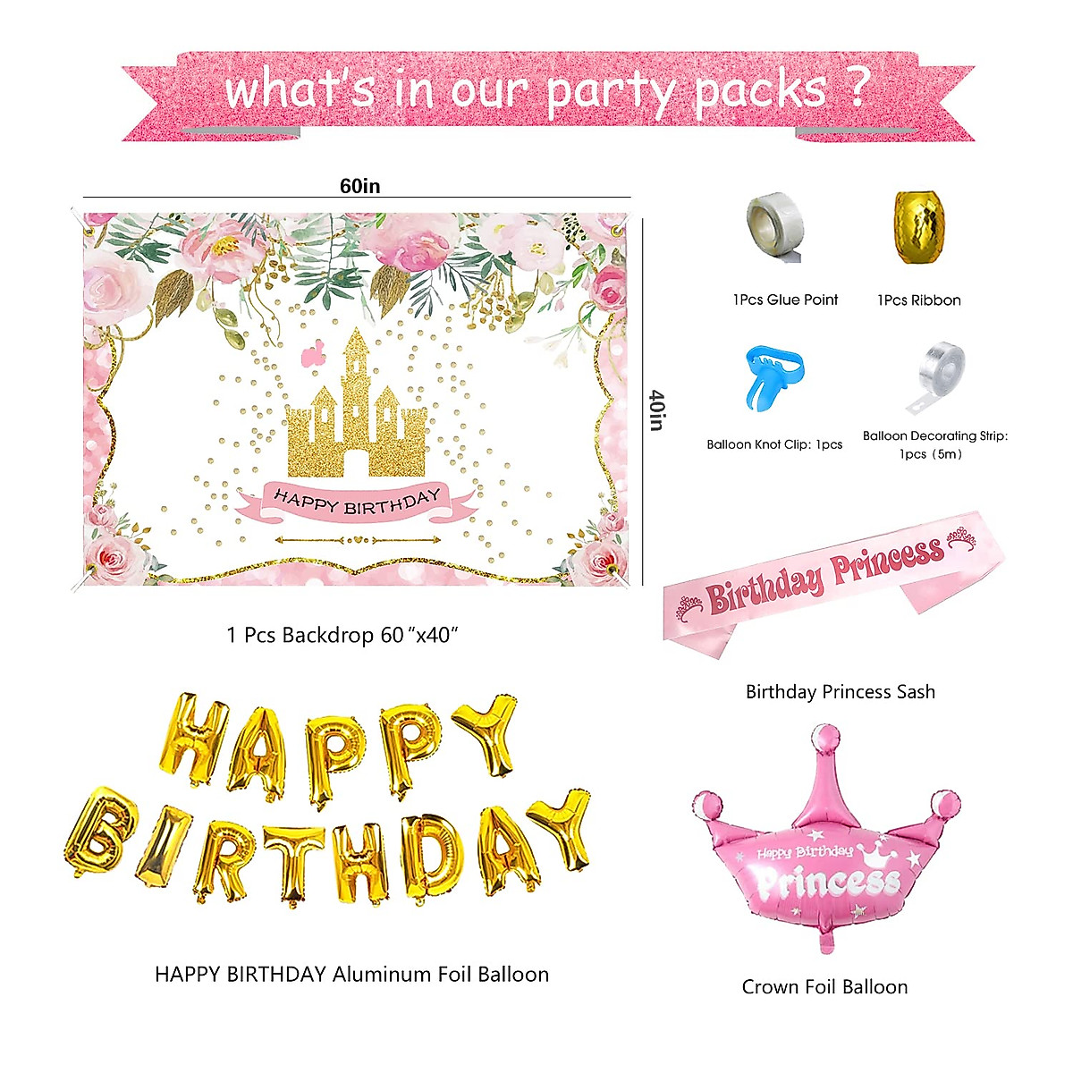 GREPARPY Princess Party Decorations - Princess Birthday Decorations Include Balloon Arch, Banner, Backdrop, Tablecloth, Tulle, Crown, Wand, Sash, Cake Topper, Girls Princess Birthday Party Supplies