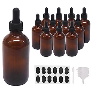 BPFY 12 Pack 4oz Glass Dropper Bottles for Essential Oil 120ml Amber Round Glass Boston Bottle With Black Glass Eye Dropper for Massage Oil, Perfume & Lab, Refillable Glass Bottle for Travel