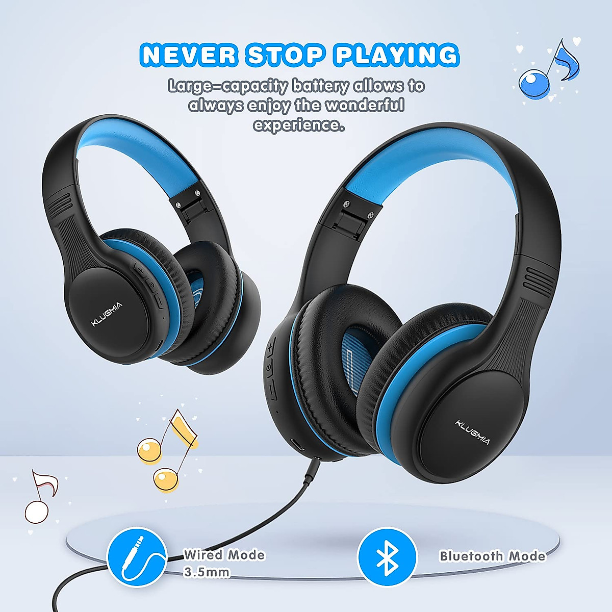 KLUGMIA Kids Bluetooth Headphones, 85/94dB Volume Limited kids headphones, Over Ear Toddler Headphones with Built-in Mic, Bluetooth 5.0, Foldable Wireless Headphones for Kids (black blue)