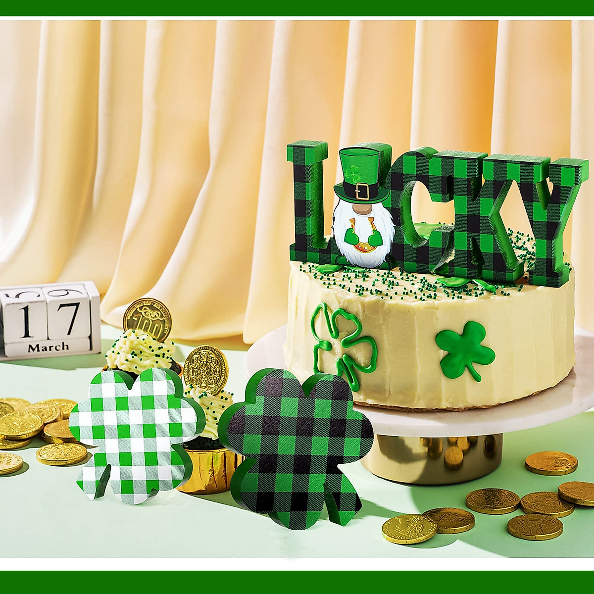 3 Pieces St. Patrick's Day Table Wooden Signs, Shamrock Tiered Tray Decor Lucky Table Decor Irish Freestanding Tray Tabletop Decorations for Home Decor Party Decoration