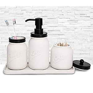 Bathroom Accessory Set,Mason Jar Bathroom Accessory Set, 4 Pcs Bathroom Accessory Set, White Quartz Sand, Include Lotion Dispenser &Tumbler& Cotton Jar&Tray