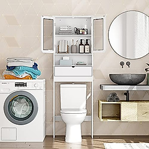 HOME BI Over The Toilet Storage Cabinet, Free Standing Toilet Rack with Drawer and Acrylique Doors for Toilet Shelf (White)