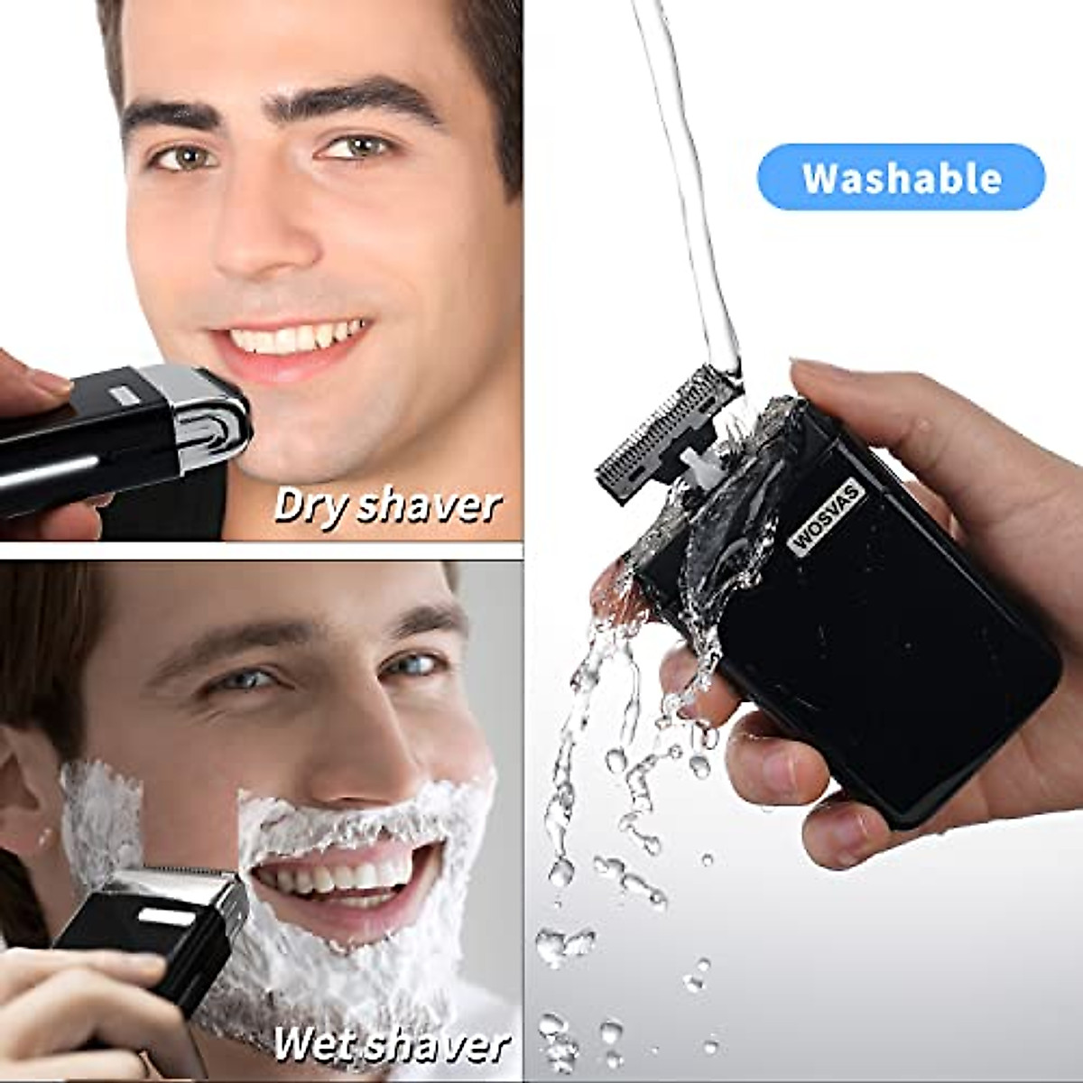 Electric Shavers Foil for Men Portable Pocket Size Men's Electric Shaver Small Electric Razor for Mens Face Electric Cordless Rechargeable Beard Shaver Wet Dry Double Shaver by WOSVAS