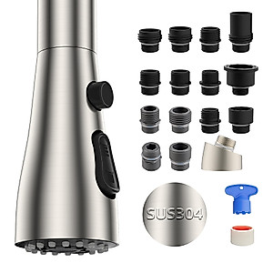 Hibbent Metal Pull Down Spray Head for Kitchen Faucet, Kitchen Sink Spray Nozzle with 15 Adapters, Faucet Head Replacement Compatible with Moen, American Standard, Delta, Kohler Faucet, Brushed Nickel