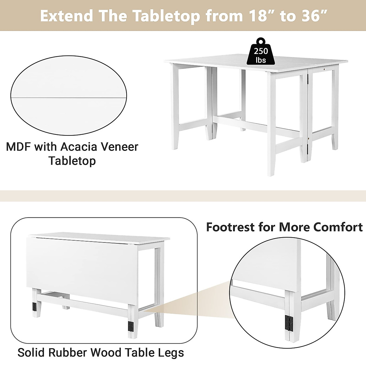 Merax Drop Leaf Dinng Table for Small Spaces, Extendable Space Saving Dining Table, Solid Wood Folding Table from 18" to 36" for Dining Room, Kitchen, Living Room, White