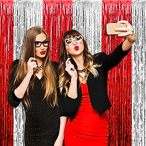 4 Pack Silver Red Foil Fringe Curtain Backdrop, 3.28Ft x 6.56Ft Metallic Tinsel Foil Fringe Streamers Curtains for Photo Booth, Wedding, Circus Welcome Carnival Birthday Party Decoration