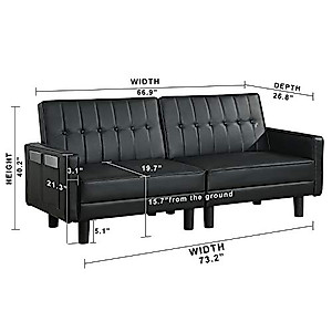 URRED Futon Sofa Bed Loveseat Sofa Sleeper, Convertible Loveseat Sofa Bed, Fotone Bed Couch Tufted Design with Adjustable Backrest and Side Pockets for Small Spaces (PU-Black)