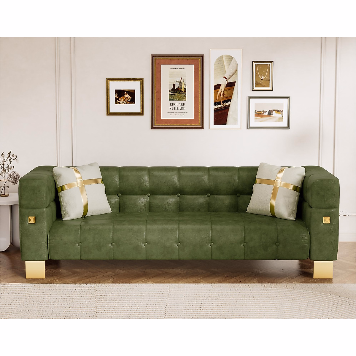 ReyTinn PU Faux Leather Sofa, 83.86" Mid-Century Modern Oversized Loveseat Couch, Large Classic Upholstered 3-Seater Deep Sofa with Arms for Living Room, Apartment, Office Green