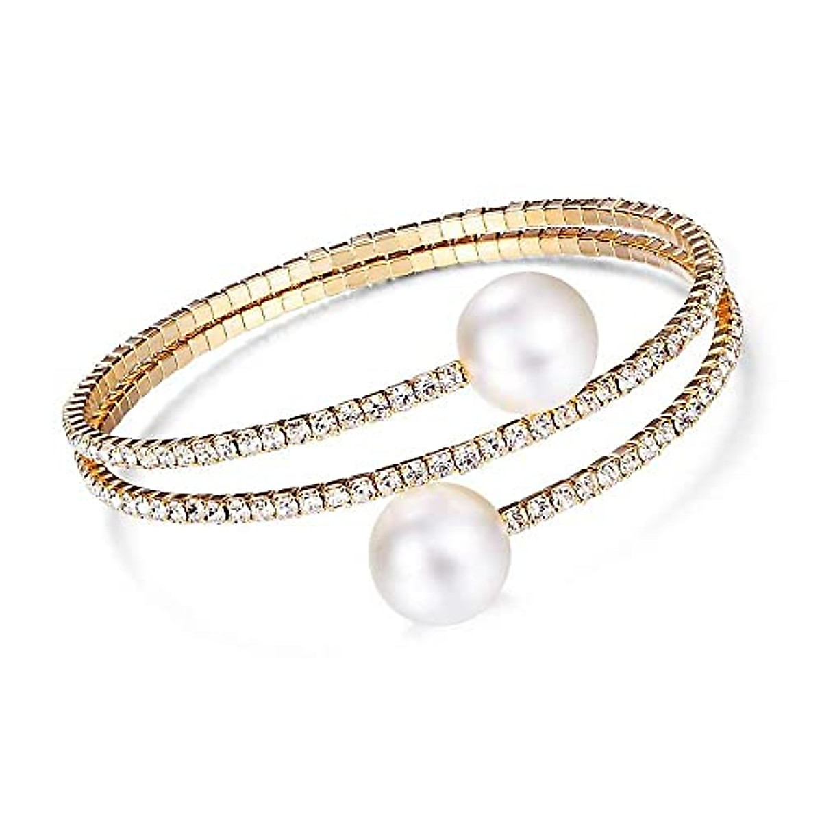 Handmade Crystal Pearl Elastic Bangle Gold Silver Multilayer Freshwater Pearl Bracelet Sparkling Stackable Crystal Bracelets for Women Wedding Jewelry