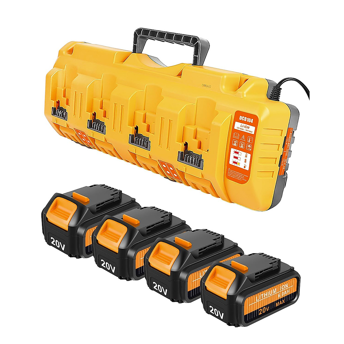 Replacement for Dewalt 20V Battery Charger Station DCB104 Battery Charger Kit with 4 Pack Batteries Compatible with Dewalt 20V Power Tools Repalcement for Dewalt 20V Battery