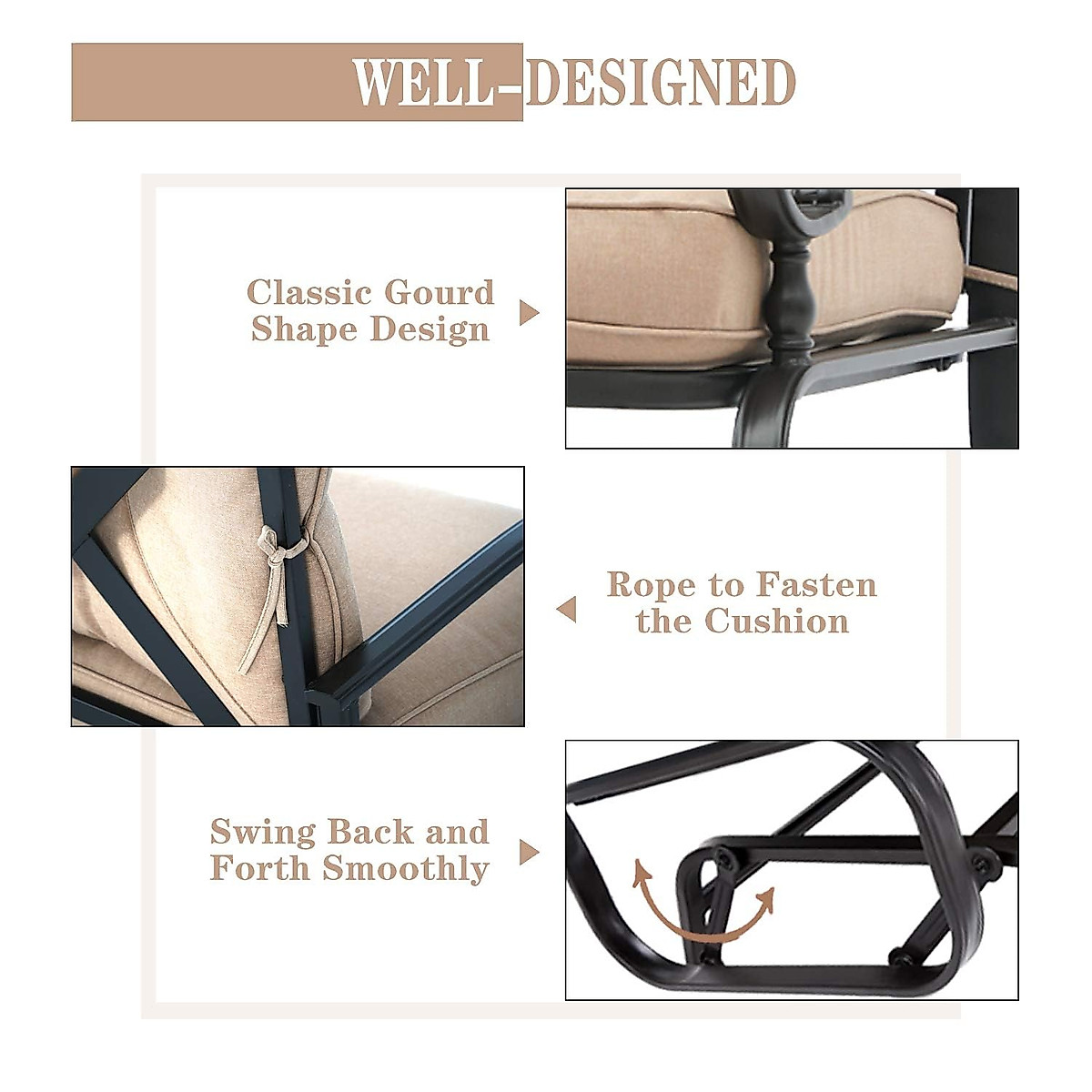 Betterland Outdoor Glider Rocking Chair Patio Swing Glider Bench for 2 Person, Metal Frame Loveseat Chair with Cushions (Brown)