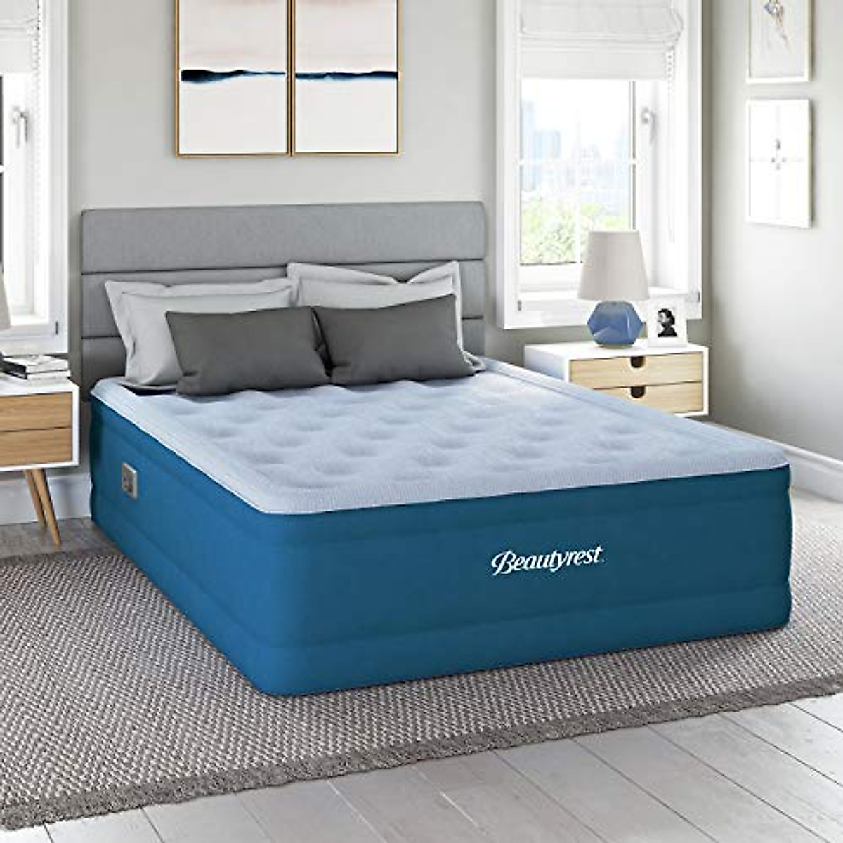 Simmons Beautyrest Comfort Plus Express Bed, Internal Pump with Plush Velveteen Pillow Top Air Mattress, 100% Leak Proof with Sleep Fresh Technology, 17" Full, Blue
