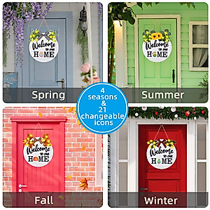 Interchangeable Welcome Home Sign, Front Door Decor with 4 Seasonal Wreaths and 21 Changeable Icons, Rustic Wood Wall Porch Hanger for Holiday Halloween Christmas Housewarming Gift (White)