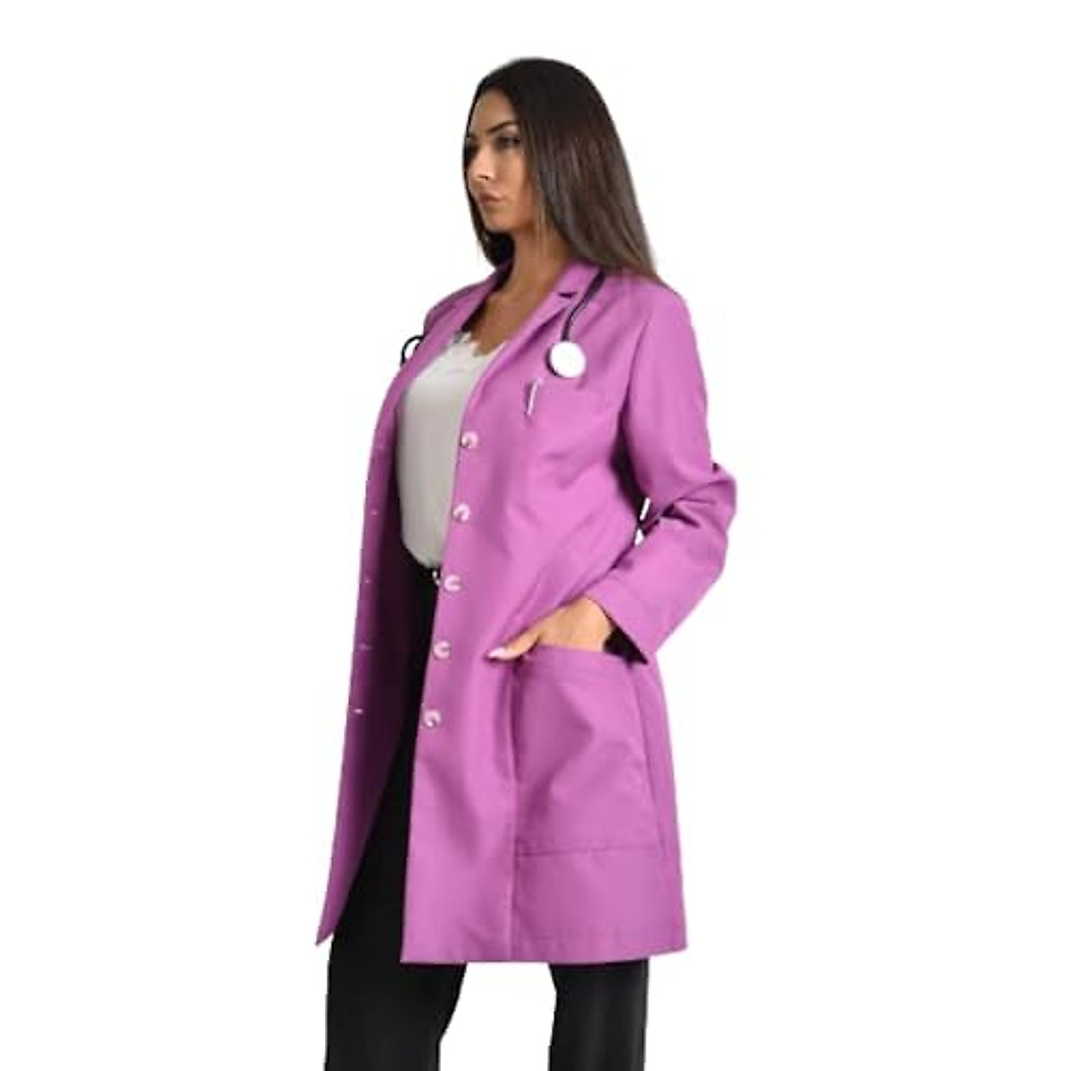VESTE Destiny Colored Women Lab Coat - 5 Pockets 38" Long Laboratory Coat - Female Medical & Science Labcoats 12 Colors in S,M,L with Adjustable Sleeve (Purple, Small)