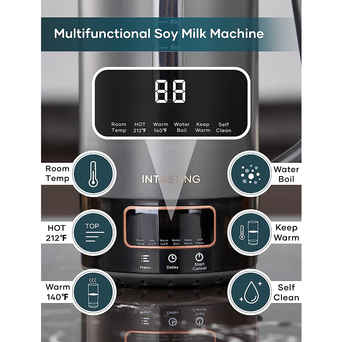 INTASTING Automatic Nut Milk Maker, Glass Inner, Homemade Almond, Oats, Etc Grain, Soy Milk Machine with 6 Preset, Keep Warm, Delay, Boil Water, Blende, Self-Clean, Boil-Dry Protection, Easy Clean