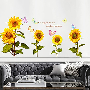 Sunflower Wall Decals Butterfly Sticker Garden Sun Flowers Plants Wall Sticker for Bedroom Living Room Kids Room Kitchen TV Background Wall Decoration Art Decor Sunflowers Wallpaper Peel & Stick