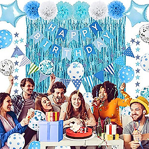 Light Blue Birthday Decorations, Blue Birthday Party Decorations with Tissue Pom Pom flowers, Happy Birthday Banner, Confetti Balloons, Foil Fringe Curtain, Happy Birthday Party Supplies for Men Women Boys Girls - Light Blue and White