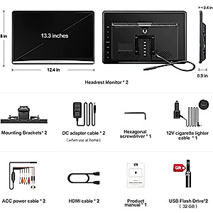 13.3 Inch(2G ram 32G ROM) 5G WiFi OTA 4K Android 10.0 Portable Multifunction Car TV Headrest Monitor Tablet Touch Screen 1080P Headset Bluetooth/HDMI in+Out/FM/Mirror Link Video Player(2PC)
