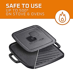Bruntmor 2-in-1 Pre-Seasoned Cast Iron Reversible Griddle Grill Pan with Heavy Grill Press - 10 x 10 Inches Square Pan for Stove Top and Oven Cooking - Durable Grip Handle for Easy Use - Black