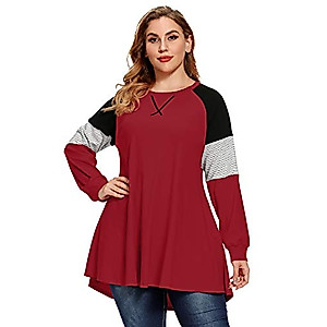 LARACE Plus Size Tops Women Pullover Sweatshirt Color Block Tee Long Sleeve Tunic Striped Raglan Shirt(Wine Red 4X)