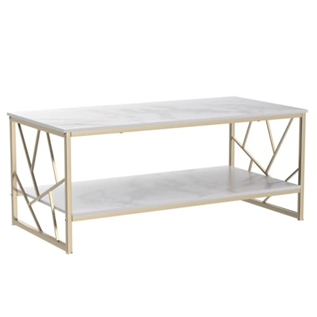 MKJLWO White Coffee Tables for Living Room, Square Marble Gold Coffee Table 2-Tier Storage Modern Center Table White Home Furniture Office Decor 43×21in