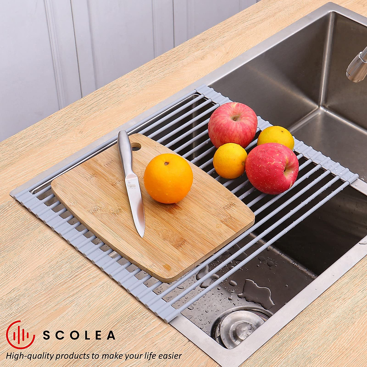 SCOLEA Roll Up Dish Drying Rack Over The Sink, Medium 17.1”x13.1” Heavy Duty, Multipurpose Roll-Up Foldable Silicone Coated Collapsible Drainer for Kitchen Sink (Warm Gray, Medium 17.1”x13.1”)