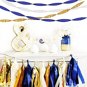 Navy-Blue White-Gold Crepe Paper Streamers - 9 Rolls Royal Blue Graduation 2024 Men Boy Birthday Party Decorations Streamer Wedding Bridal Shower Paper Garland Fathers Day Decor Panduola