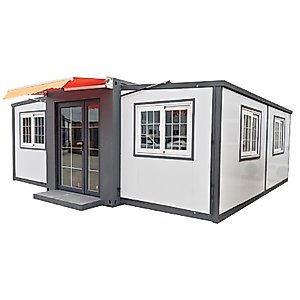 Feekercn 20FT Folding House to Live in,Prefab Container House with Bedroom,Equiped Bathroom and Kitchen,Prefabricated Tiny Home Adults Living,Foldable Mobile Home with Canopy for Hotel,Office,Shop