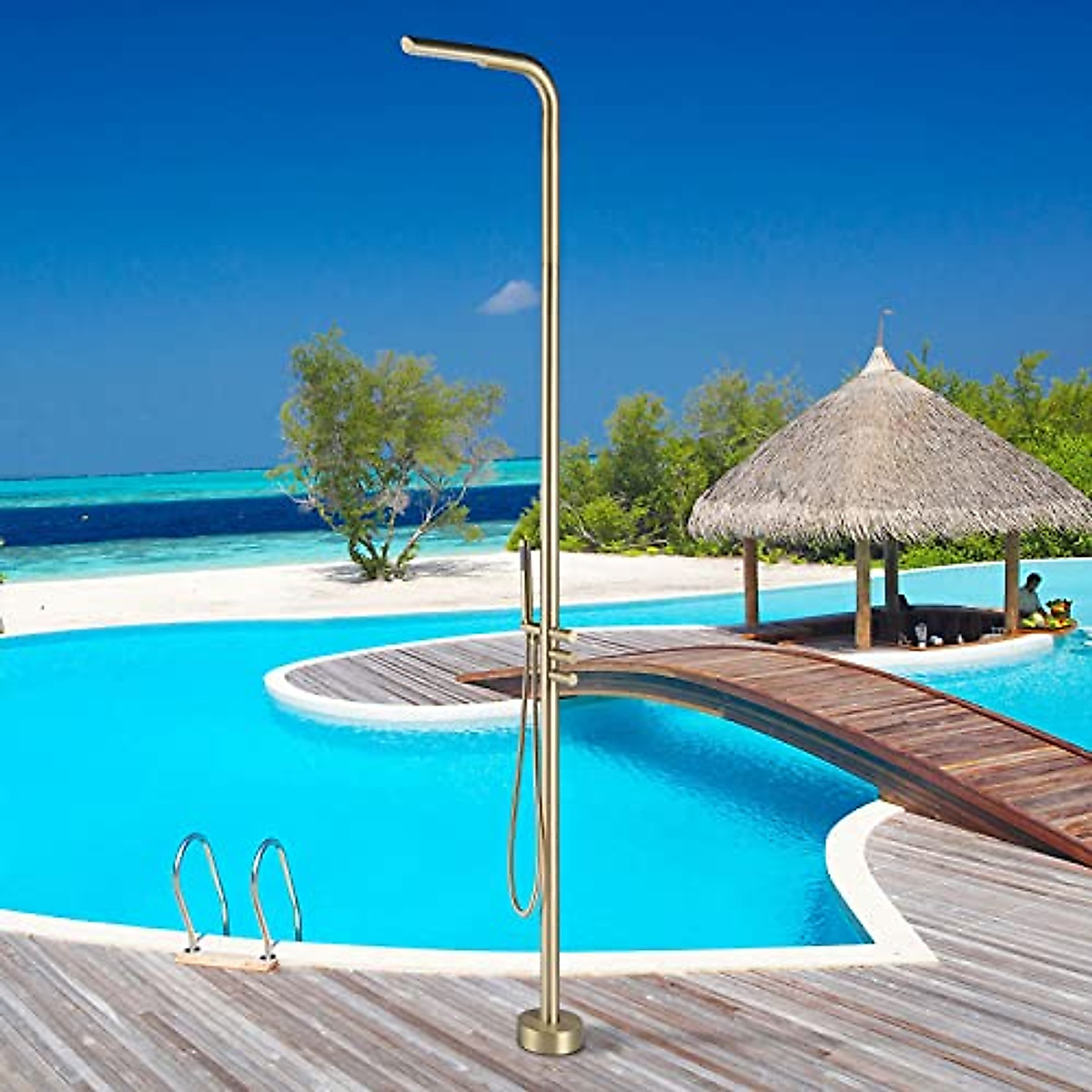 RBROHANT Outdoor Shower Brass Outside Shower Kit for Backyard Garden Pool Beach, Freestanding Outdoor Shower Fixtures with Overhead Shower Head and Hand Shower, Floor Mounted, Brushed Gold, RB0090