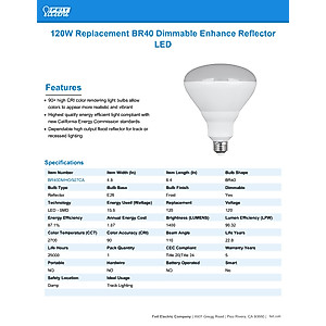 Feit Electric LED BR40 Bulb, 120W Equivalent, Dimmable, 1400 Lumens, 22 Year Life, 2700k Soft White, E26 Base Recessed Can Light Bulbs, Flood Light, Damp Rated, 1 Pack BR40DMHO/927CA