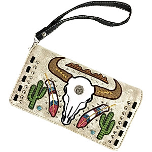 Zelris Design Native Longhorn Cow Skull Cactus Feather Color Crossbody Trifold Wallet (Turquoise)