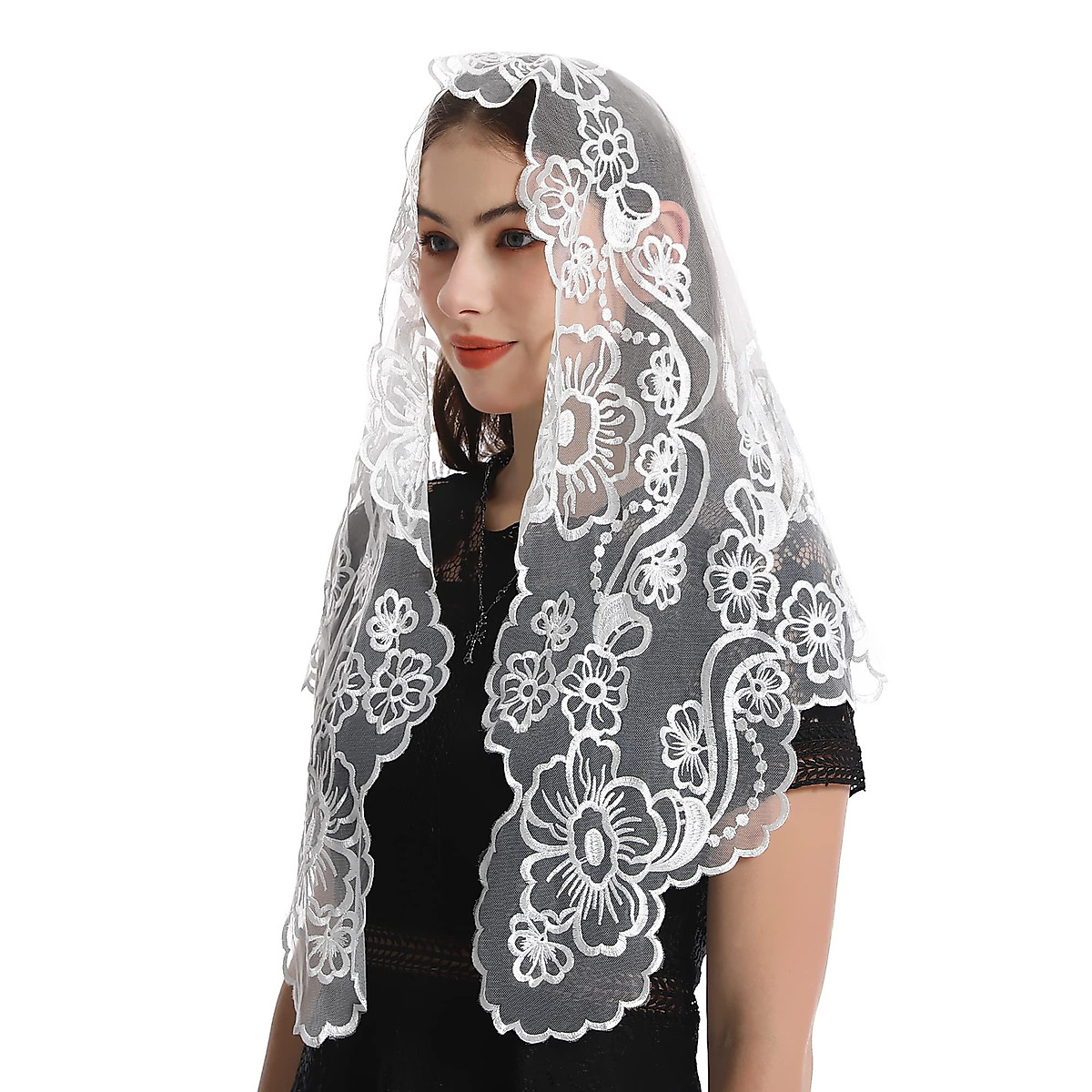 Bozidol Triangle Lace Chapel Veils - Madonna Camellia Embroidered Head Covering for women