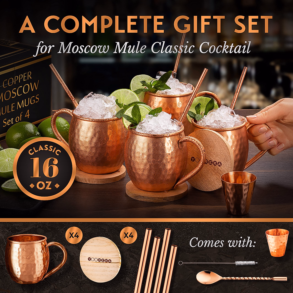 Yooreka Gift Set Moscow Mule Mugs Set Of 4 16 oz Solid Cooper, 100% Pure Copper Cups Cylindrical Shape HANDCRAFTED,BONUS 4 Straws, 4 Wood Coasters, Stirring Spoon, Cleaning brush (Oval)