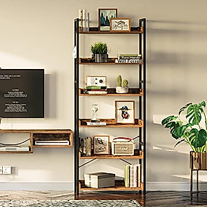 Rolanstar Bookshelf 6 Tier with 4 Hooks, Industrial Wood Bookcase, Vintage Storage Rack with Open Shelves, Rustic Standing Bookshelves Metal Frame Display Rack for Living Room, Bedroom, Rustic Brown