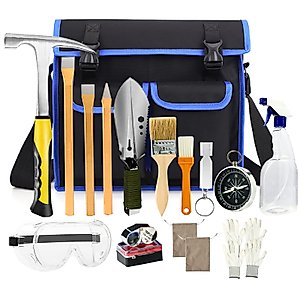 17PCS Geology Rock Pick Hammer Kit, 32oz Hammer & 3 PCS Digging Chisels Set for Rock Hounding, Gold Mining & Prospecting Equipment Tool with Multi-function Sholve, Compass, Whistle, Chisel