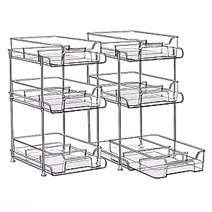 Fulpower 3 Tier Bathroom Organizers with Dividers, Clear Medicine Cabinet Organizer Pull-Out Under Sink Organizers, Multi-Purpose Storage Organizers for Skincare Cosmetic Pantry 2 Pack