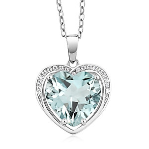 Gem Stone King 925 Sterling Silver Simulated Aquamarine Pendant Necklace For Women (3.00 Cttw, Heart Shape 10MM, With 18 Inch Silver Chain)