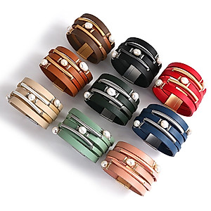 hotoo Baroque Natural Pearls Bracelets Boho Red Leather Wrap Bracelets for Women Gold Tube Bohemian Multi-Layer Cuff Bracelet Bangle with Buckle Jewelry Gifts