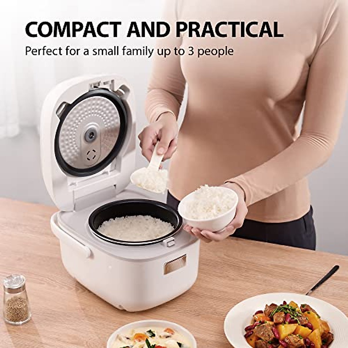Toshiba Mini Rice Cooker, 3 Cups Uncooked Small Rice Cooker, Steamer & Warmer, With Fuzzy Logic And One-Touch Cooking, 24 Hour Delay Timer And Auto Keep Warm Feature, White