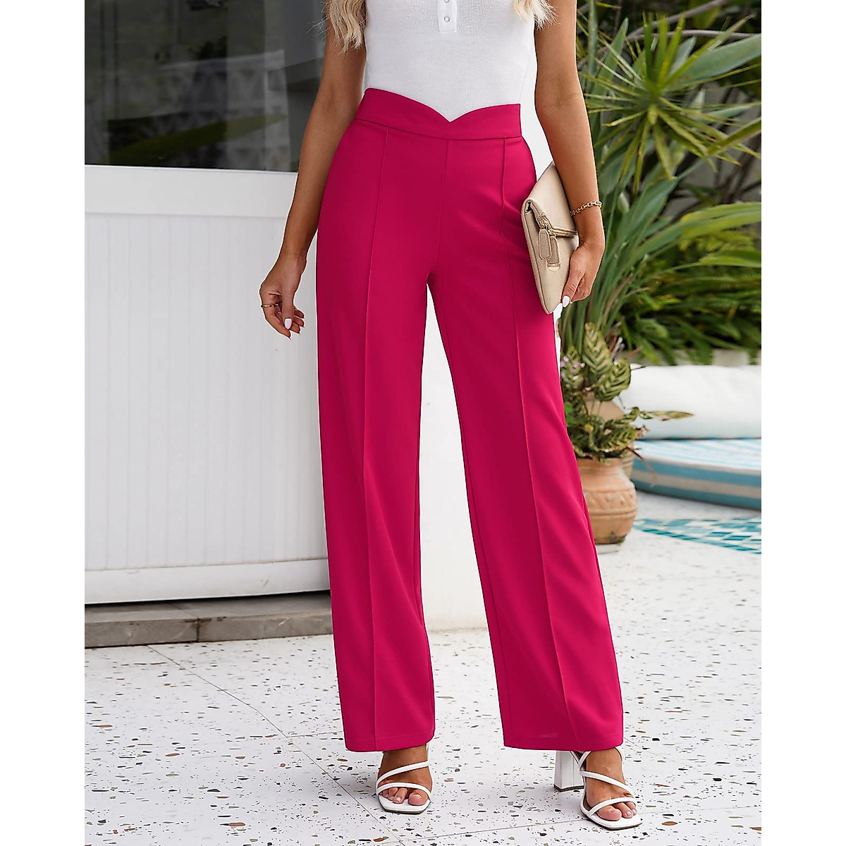 Vetinee Women Dress Pants Pink Front Crease Outfit Plus Size Elastic Waist Work Pants Boho Clothes for Women Hot Pink Size 16