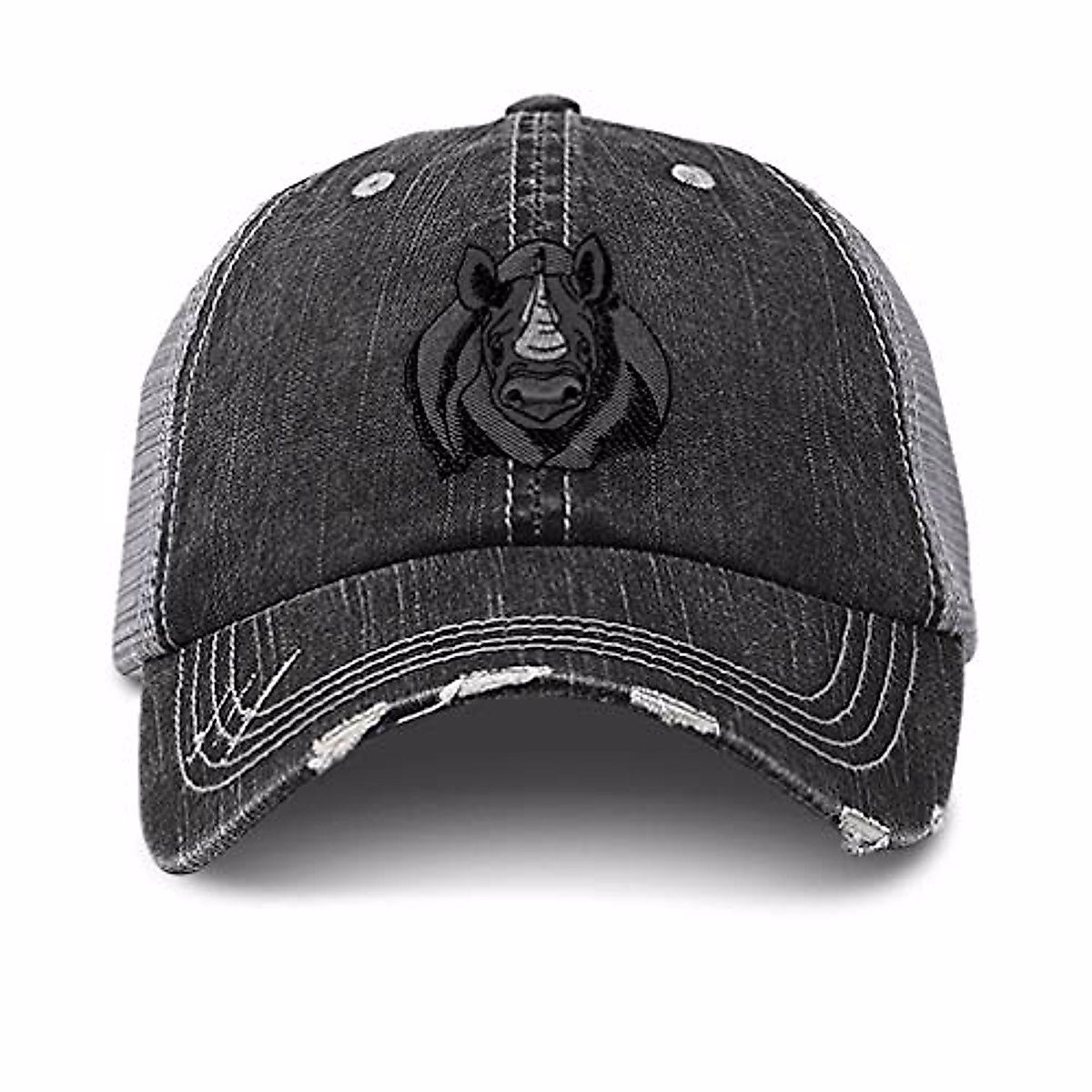 Distressed Trucker Hat Animal Wildlife Rhinoceros Black Rhino Cotton for Men & Women Strap Closure Gray Design Only