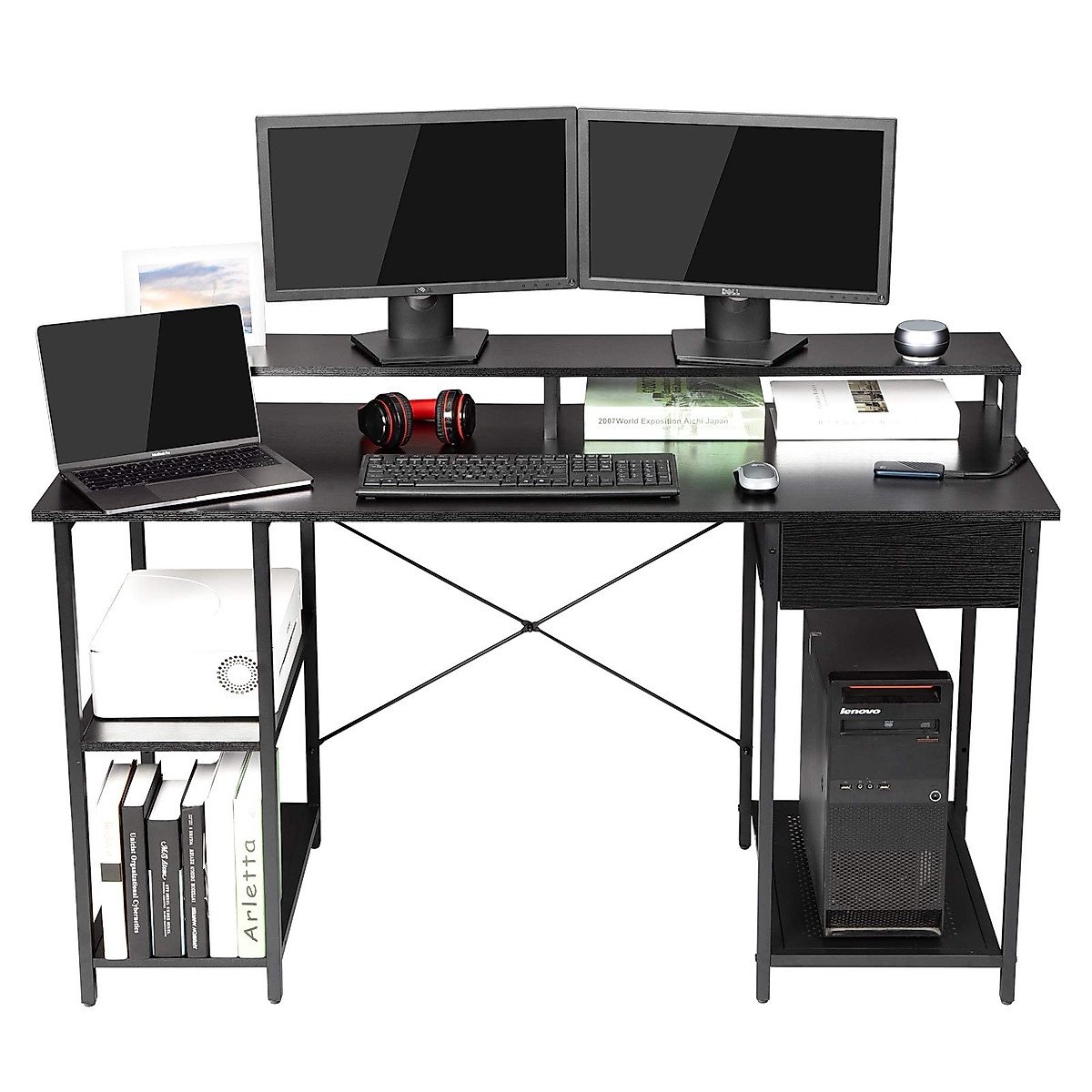 OUTFINE Desk Computer Desk Office Desk with Wodden Drawer, Monitor Stand and Storage Shelves
