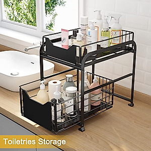 Under Sink Organizer, 2 Tier Pull Out Cabinet Organizer with Storage Basket Drawers, Countertop Storage Shelf Under Sink Storage Rack for Bathroom Kitchen (Large, Black)