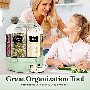 Rice Dispenser 25 Pounds, Kitchen Storage with Chalk Labels and Measuring Cup, Grain Dispenser, 6 Compartment Rice Storage Container, Rotating Food Dispenser for Sunflower Seeds, Popcorn Kernels