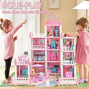 LUYE 4 Stories Dollhouse for Girls 2 3 4 5 6 7 8 Year Old - Huge Doll House w/ 4 Dolls Figure with Furniture, Accessories, LED Light, Princess Dream House Toys Gift for Toddler Kids 3+, Pink