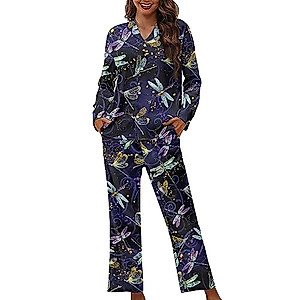 Suhoaziia Dragonfly Soft Pajamas Set for Women Losse Sleepwear Fashion Loungewear with Pockets Button Up 2pcs Pjs Lounge Sets