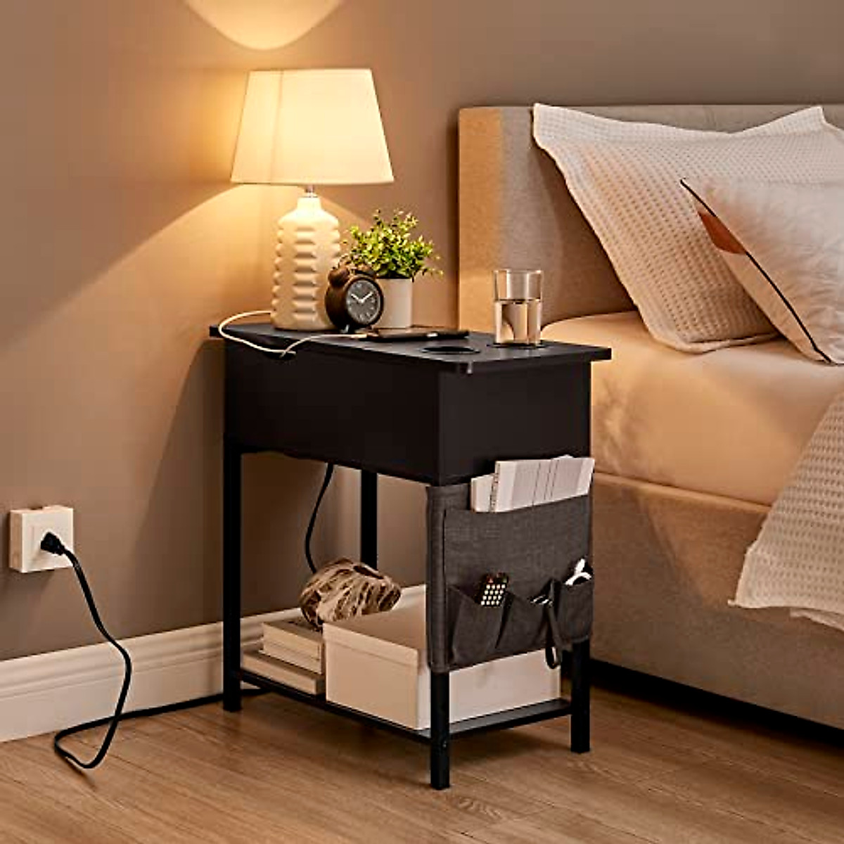Lovitgo End Table with Power Outlet, Small Side Table with USB Ports & Fast Charging, Flip Top Nightstand with 2 Cup Holders & Fabric Drawer, Fabric Bag for Small Spaces,Living Room,Bedroom